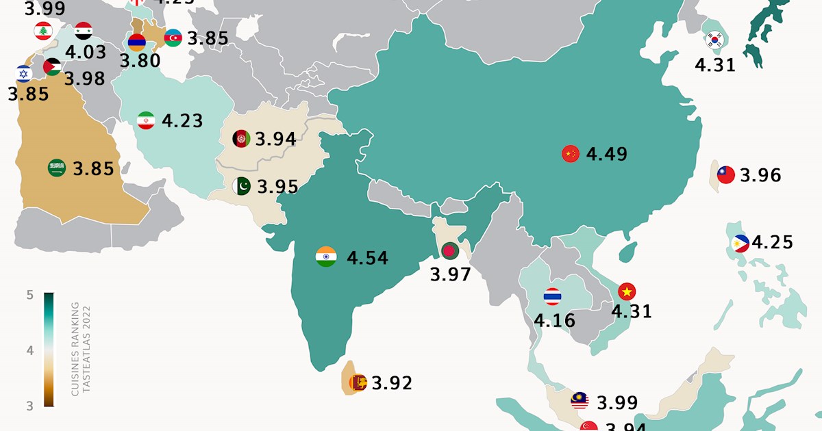 This is a map of Asian cuisines with ratings. The farther east the better?